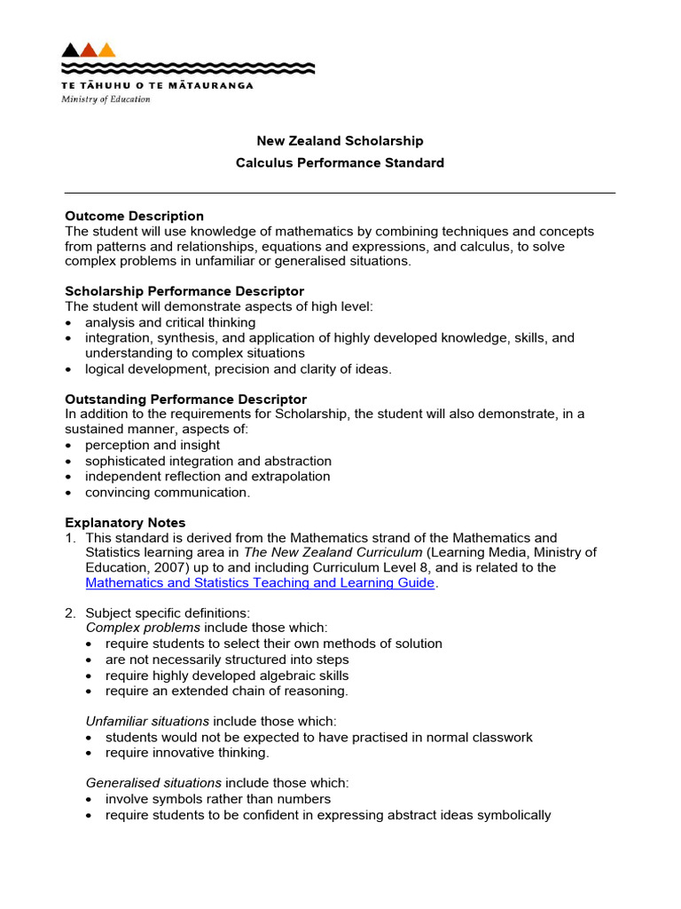 Scholarship Calculus Performance Standard | PDF | Mathematics | Calculus