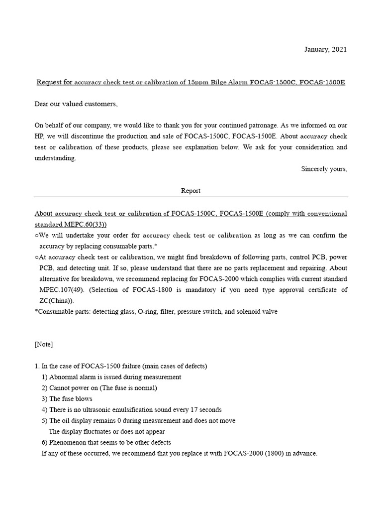 January, 2021: Accuracy Check Test or Calibration of 15ppm Bilge Alarm ...