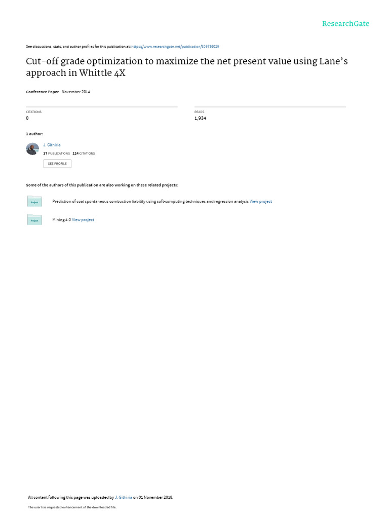 Cut-Off Grade Optimization To Maximize The Net Present Value Using Lane's Approach in Whittle 4X ...