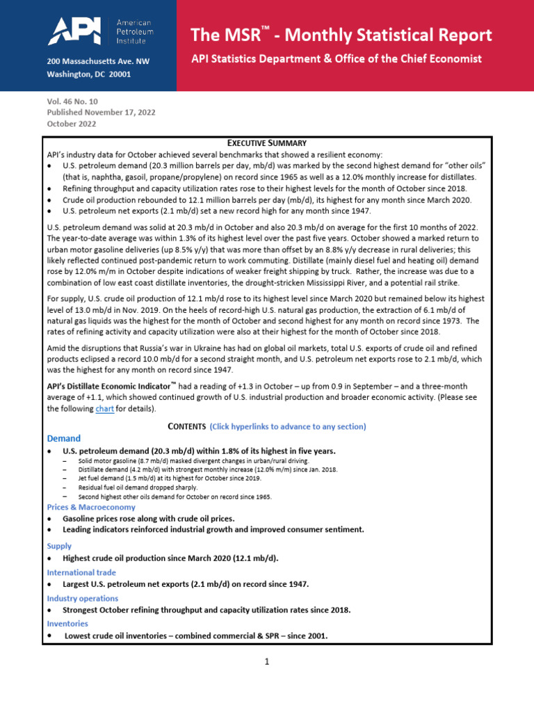 API Monthly Statistical Report October 2022 | PDF | Petroleum | West Texas Intermediate