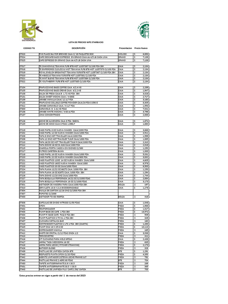 Lista de Precios WPS Starbucks 2023 | PDF | Bebidas no alcohólicas | Bebida