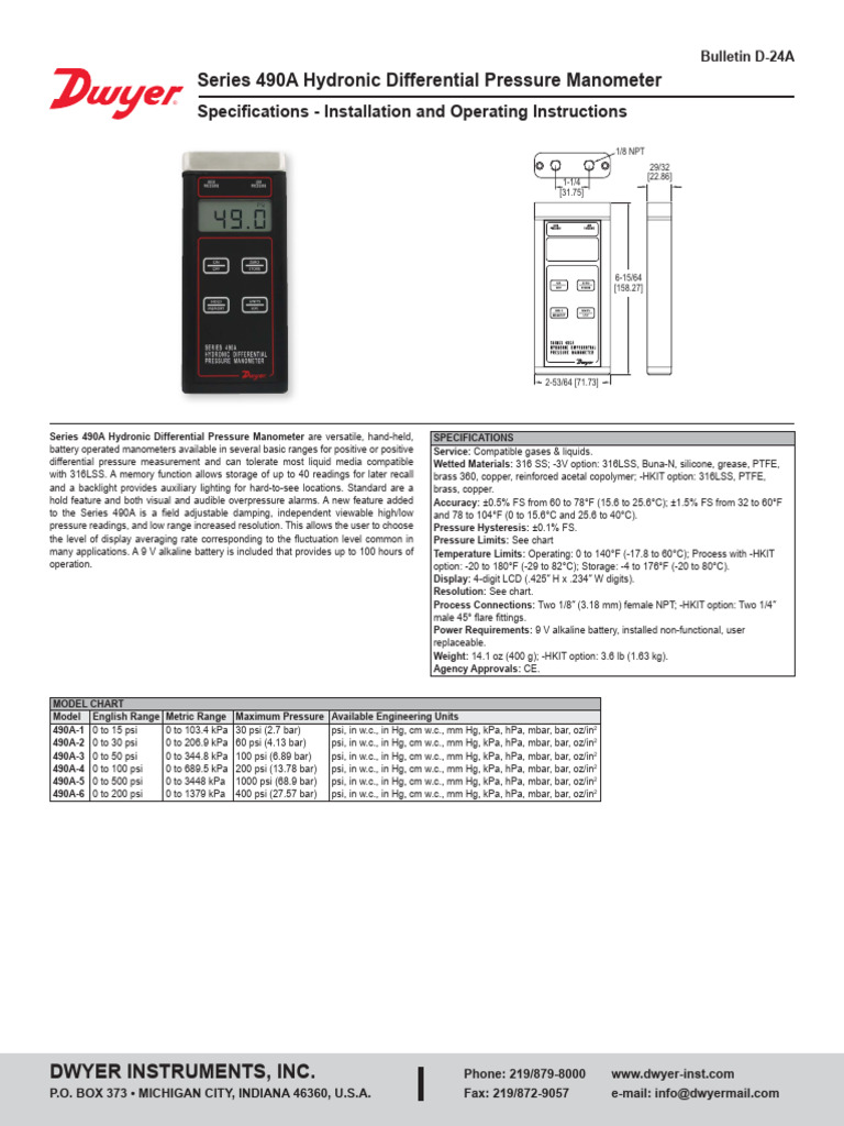 Dwyer Series 490A Datasheet | PDF | Pressure Measurement | Pipe (Fluid ...