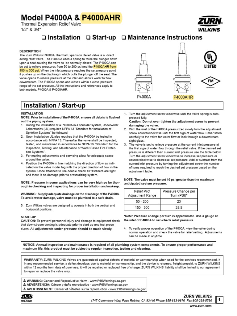Vavlula de Alivio P4000ahr | PDF | Valve | Manufactured Goods