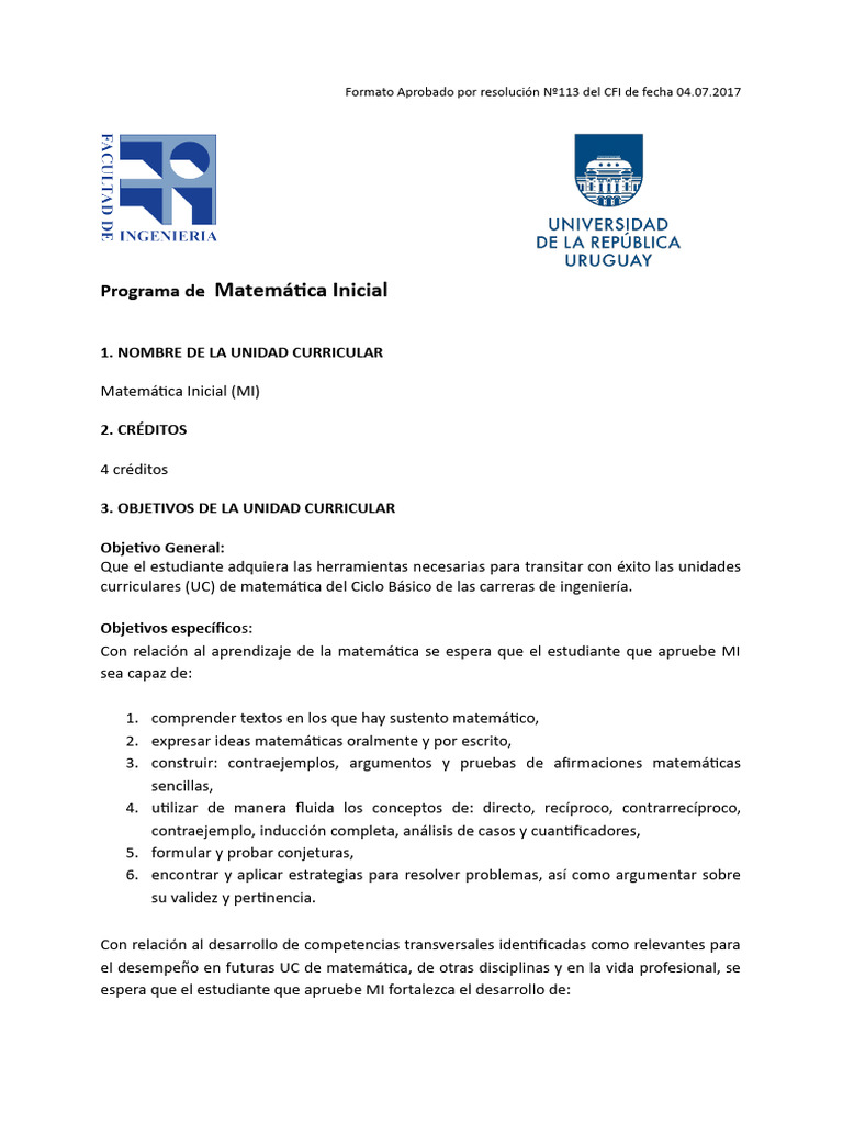 Programa UC Matematica Inicial Modificado | PDF | Matemáticas | Geometría