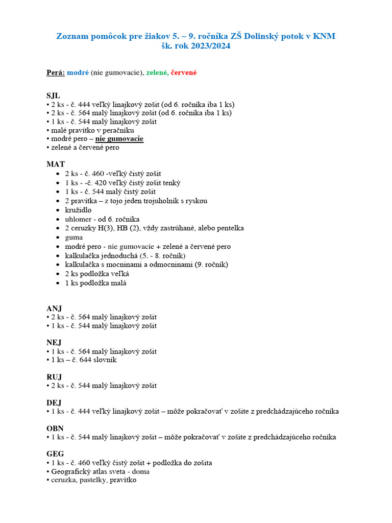 Zoznam Pomocok 5.-9. Roc. 2023 | PDF