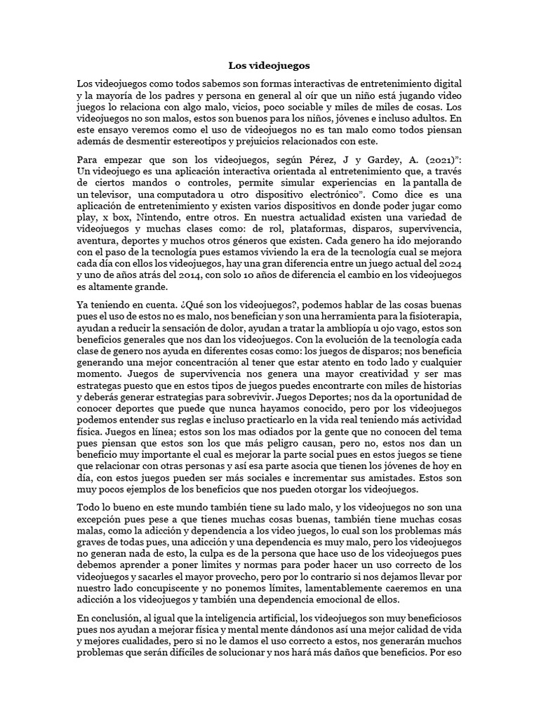 Los Videojuegos Ensayo | PDF | Videojuegos