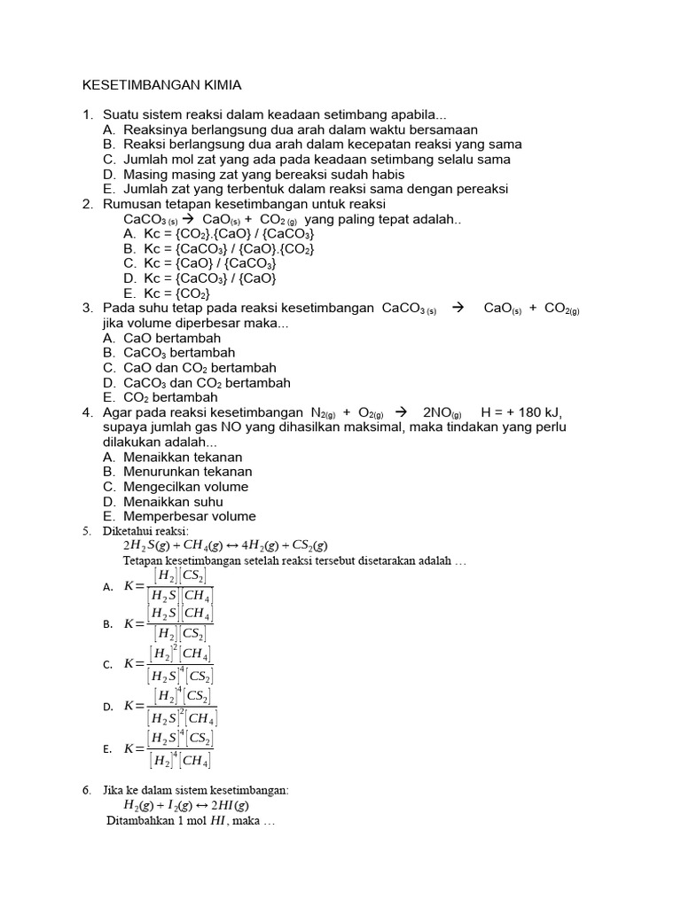 Bank Soal Kesetimbangan Kimia | PDF
