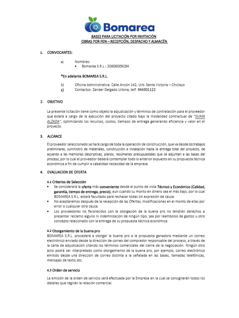 Licitación Obras Bomarea S.R.L. | PDF | Outsourcing | Business