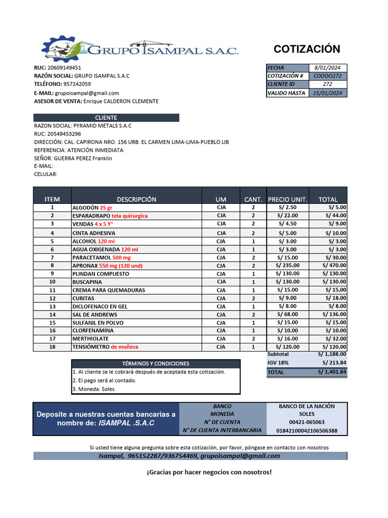 Cotización 08 Ene-Botiquín | PDF | Bancario | Servicios financieros