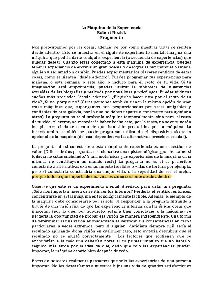 La Máquina de La Experiencia Robert Nozick | PDF | Experiencia | Felicidad