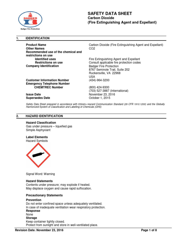 Badger Carbon Dioxide MSDS EN | Download Free PDF | Dangerous Goods | Toxicity