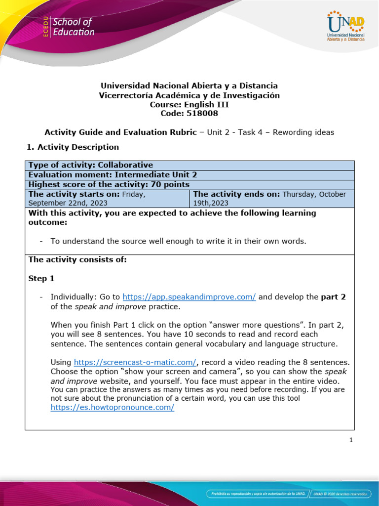 Activity Guide and Evaluation Rubric - Unit 2 - Task 4 - Rewording Ideas | PDF | Plagiarism ...