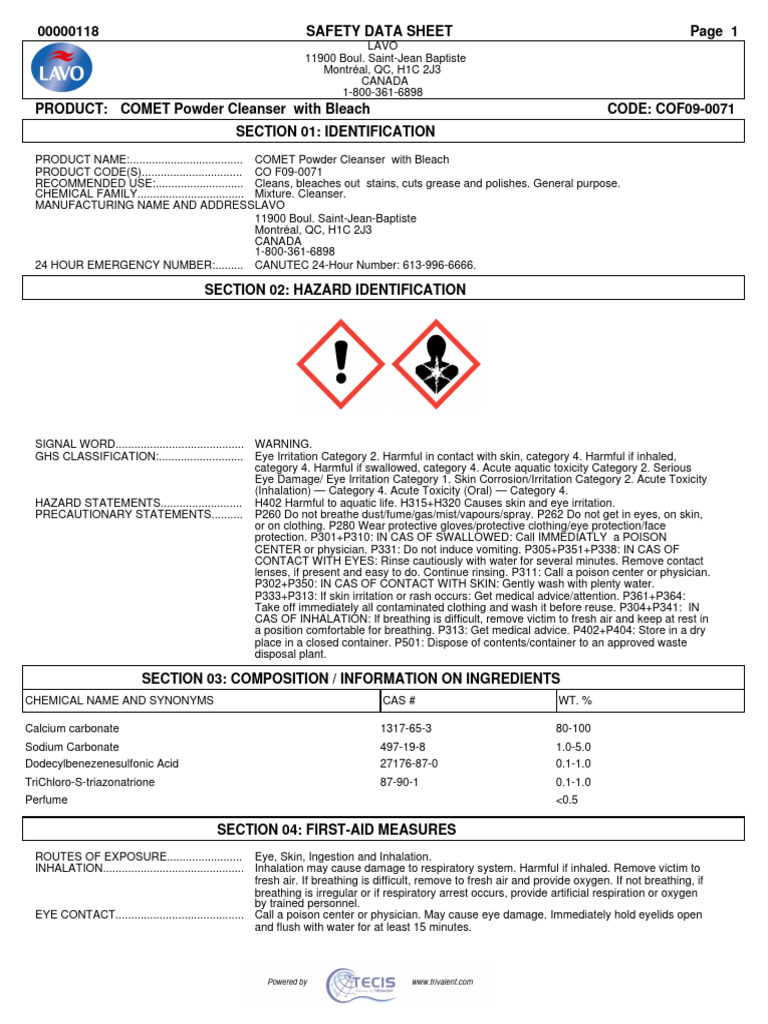 COMET Powder Cleanser With Bleach | PDF | Toxicity | Bleach