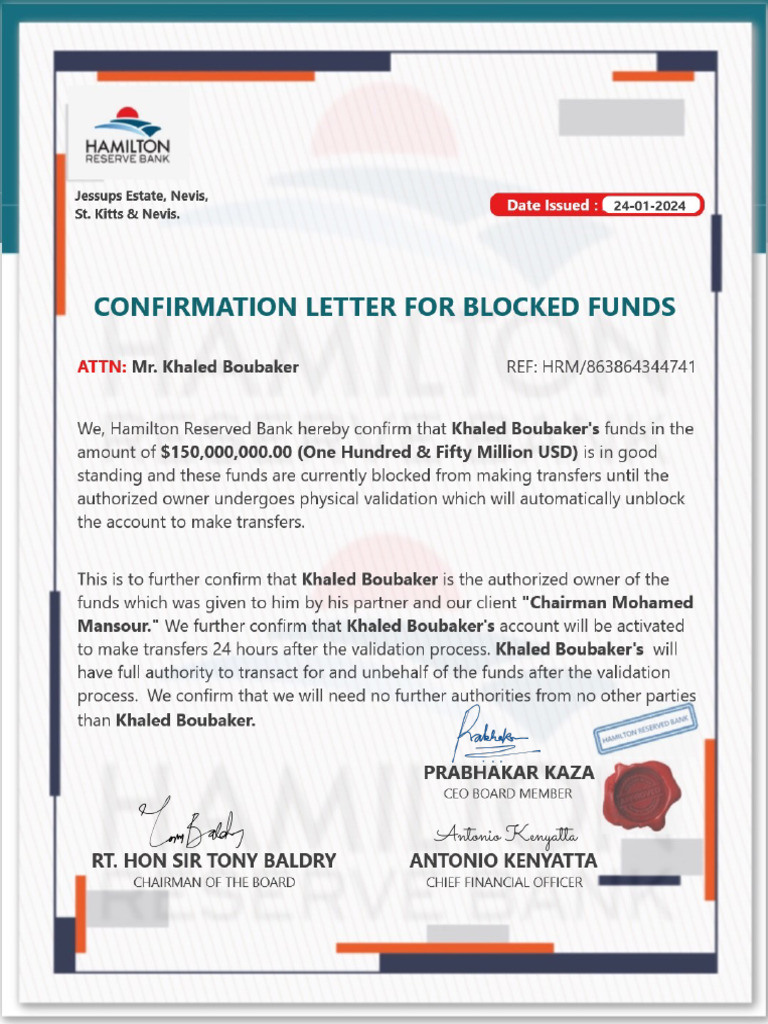 Hrb Blocked Funds Certificate (Signed) | PDF Hrb Blocked Funds Certificate (Signed) | PDF