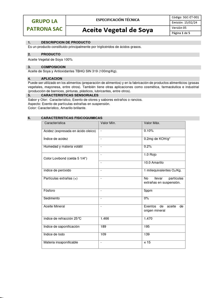 SGC-ET-001 Especificación Técnica Aceite Vegetal de Soya V5 | PDF | Petróleo | Alimentos