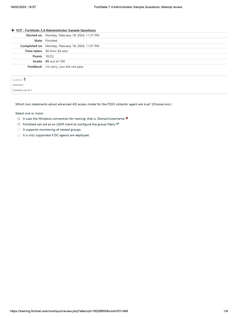 FortiGate 7.4 Administrator Sample Questions - Attempt Review | PDF ...