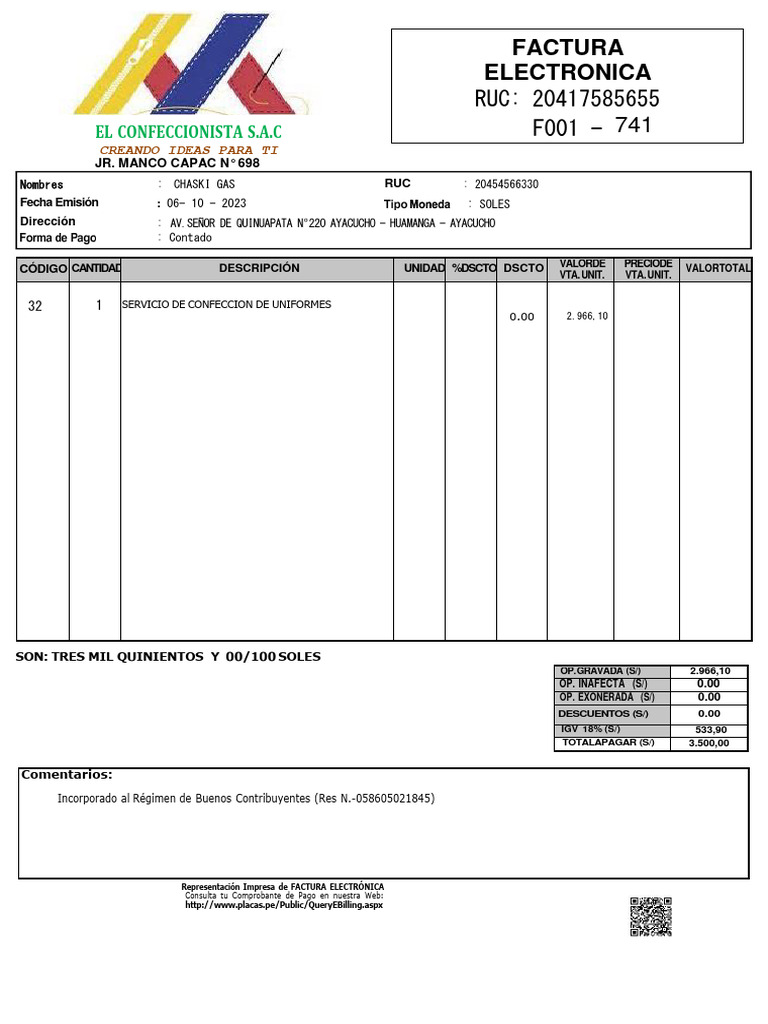 Factura de Servicio de Uniformes Chaski Gas | PDF | Tecnología bancaria ...