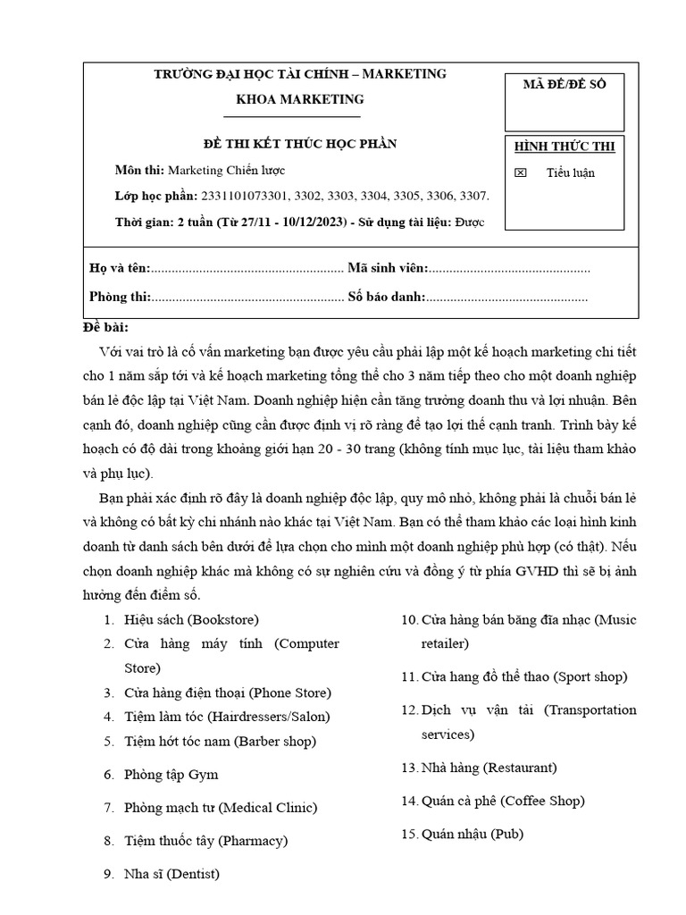 Đề Thi Marketing Chiến Lược HK3 2023 | PDF