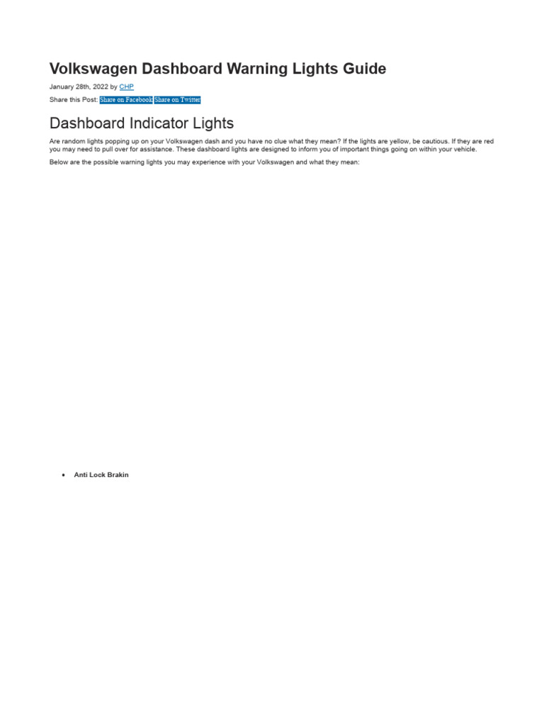 Volkswagen Dashboard Warning Lights Guide | PDF | Brake | Anti Lock ...