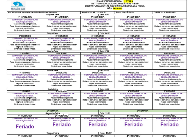 Plano de Aula Mensal EDUCAÇÃO FÍSICA - FEVEREIRO FUND I | PDF