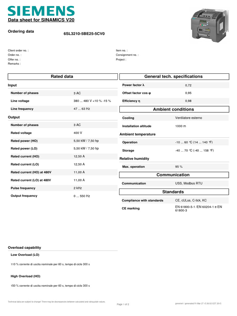 Data Sheet For SINAMICS V20: Rated Data General Tech. Specifications | PDF | Alternating Current ...