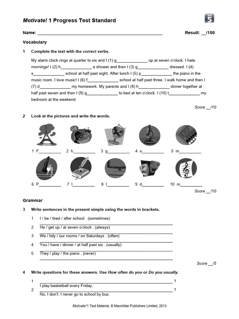 Motivate! 1 Progress Test Overview | PDF | Grammar | Human Communication