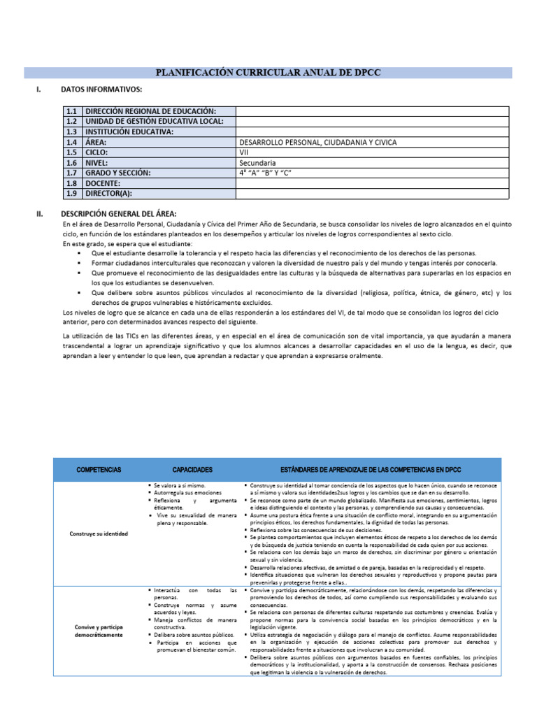 Programacion Anual 4° DPCC | PDF | Aprendizaje | Sustentabilidad