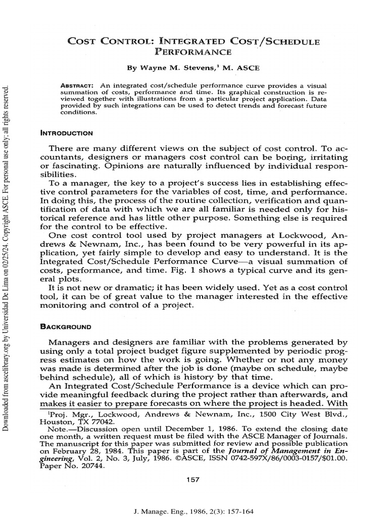 Stevens 1986 Cost Control Integrated Cost Schedule Performance | PDF | Forecasting | Cost