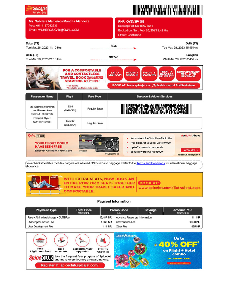 SpiceJet - E-Ticket - PNR - OYEV3P 28 Mar 2023 Dubai-Delhi For MS ...