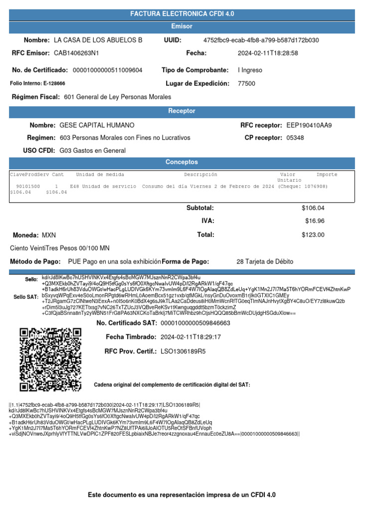 Factura Electronica Cfdi 4.0 Emisor: Folio Interno: E-128666 | PDF ...