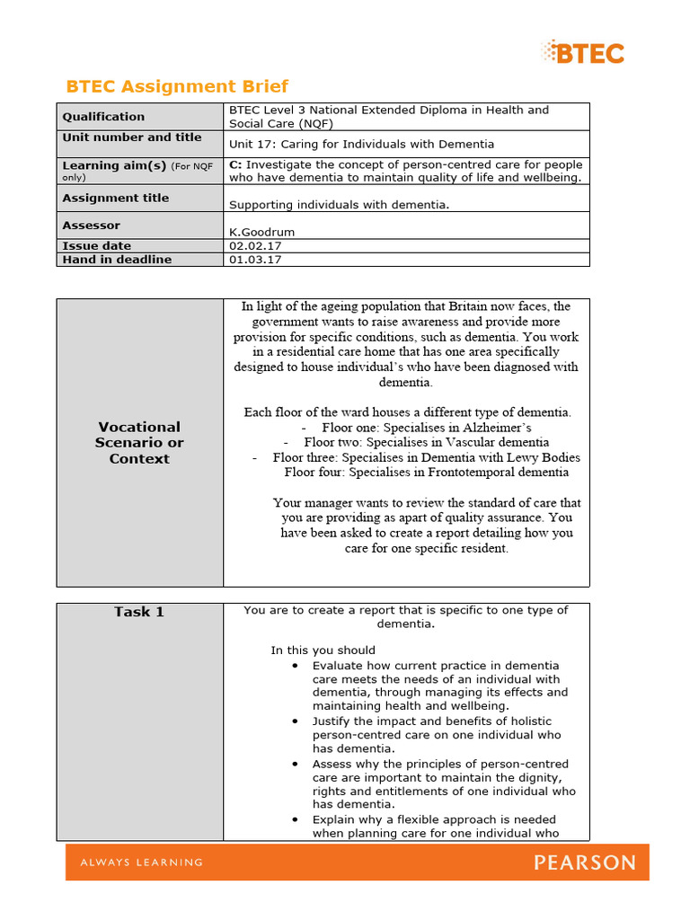 Unit 17 Assignment Brief 2 | PDF | Dementia | Health Care