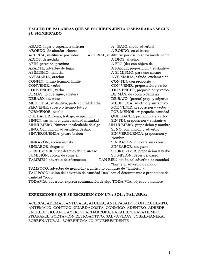 Taller de Palabras Juntas o Separadas | PDF | Adverbio | Relaciones ...