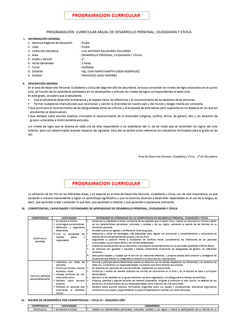 2do Programacion Anual D.P.C.C. | PDF | Enseñando | Aprendizaje