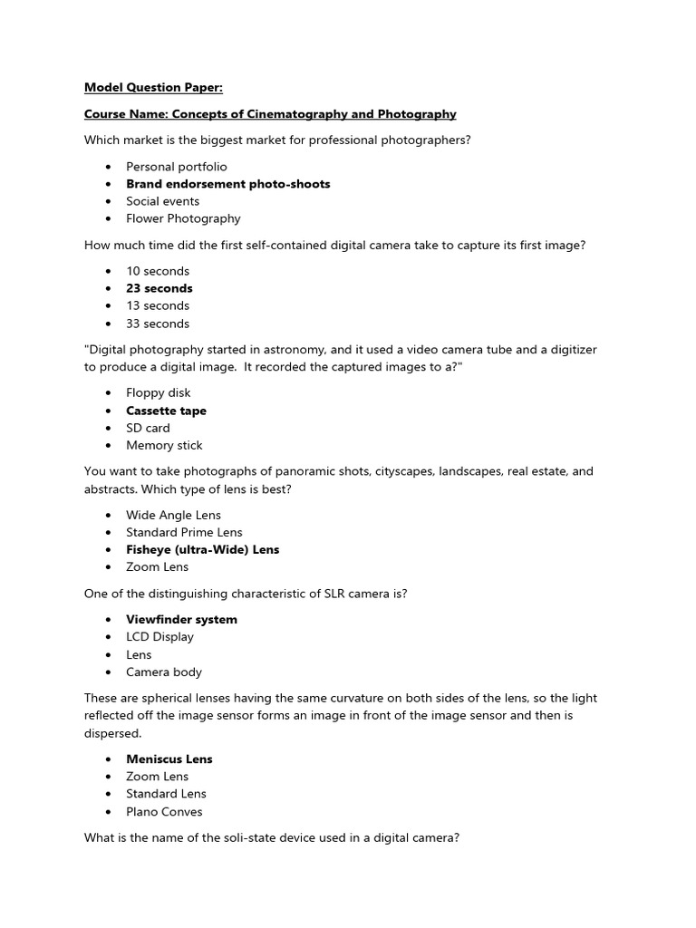 Model Question Paper - Concepts of Cinematography and Photography | PDF ...