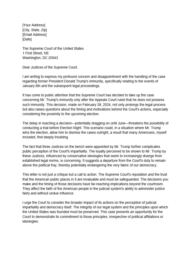 CTA: Letter Template Addressing The Supreme Courts Handling of Trump ...