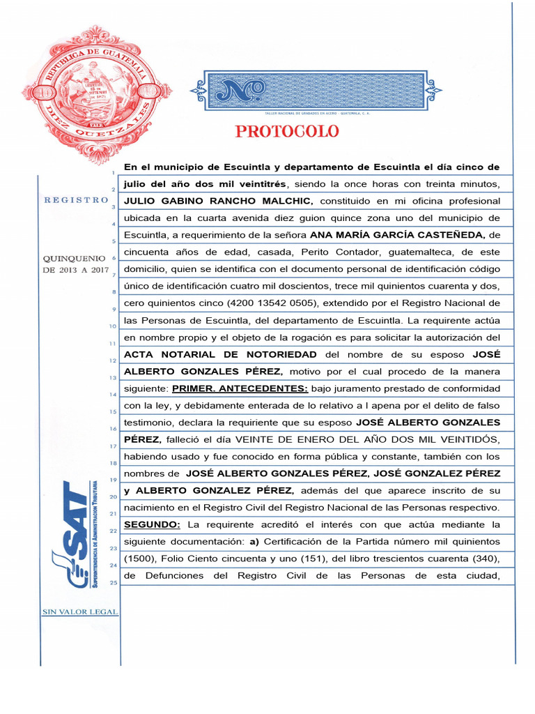 Acta Notarial de Notoriedad en Escuintla | PDF | Guatemala