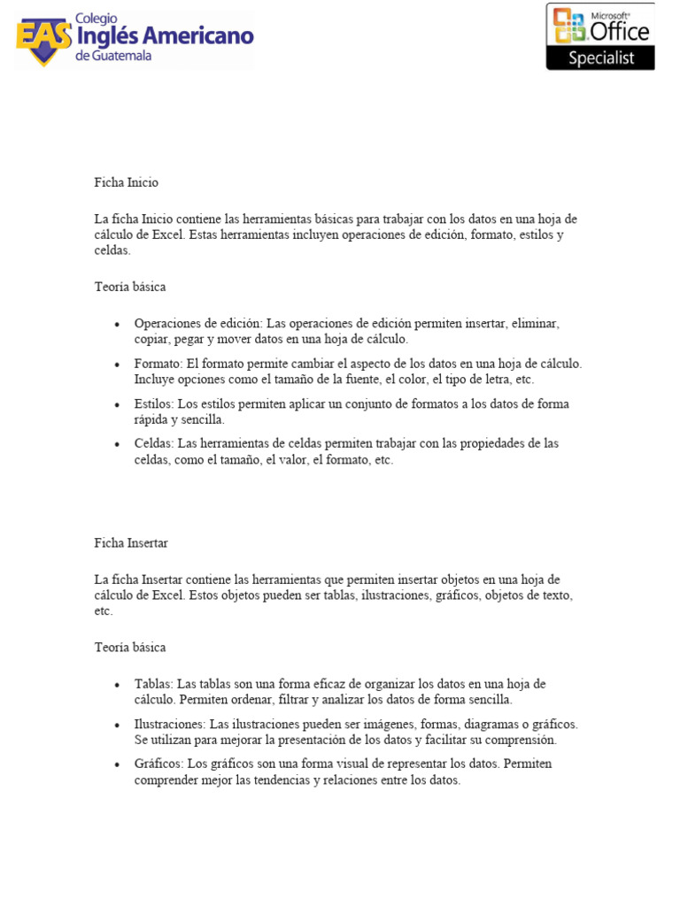 Herramientas Básicas de Excel: Fichas Inicio e Insertar | PDF | Microsoft Excel | Hoja de cálculo