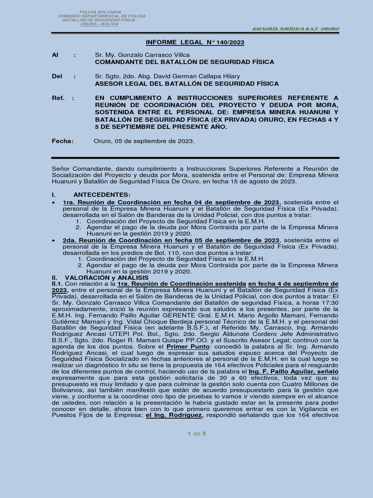 Informe Reunión de Socialización y Cobro de Deuda Por Mora EMPRESA MINERA HUANUNI | Descargar ...