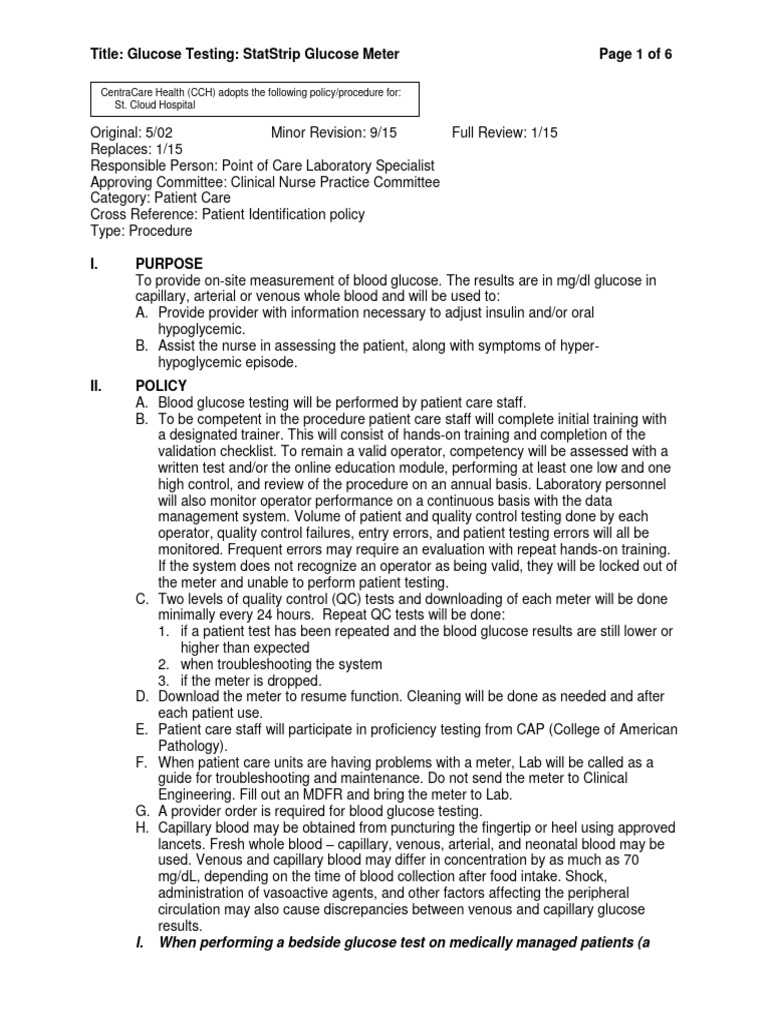 Glucose Testing Procedure Guide | PDF | Hypoglycemia | Diseases And ...