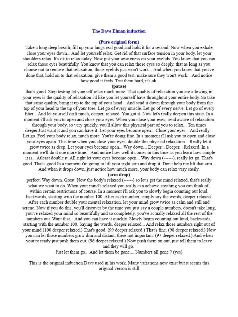 Original Dave Elman Induction Script | PDF | Relaxation (Psychology) | Mind