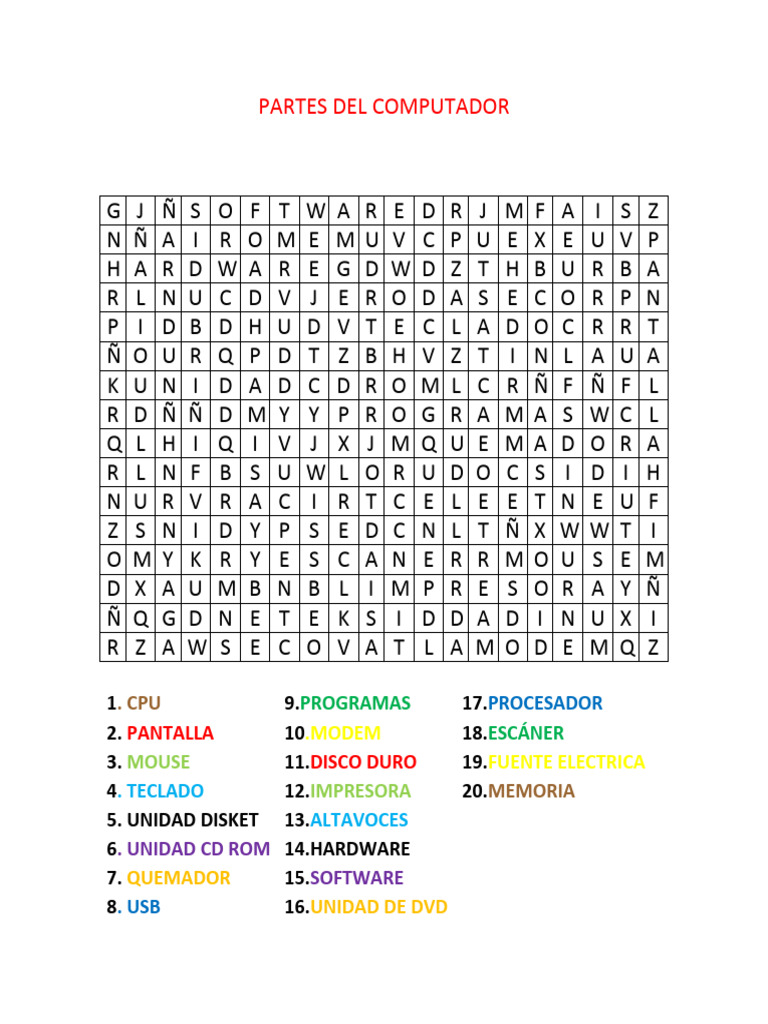 Partes Del Computador en Sopa de Letras | PDF Partes Del Computador en Sopa de Letras | PDF