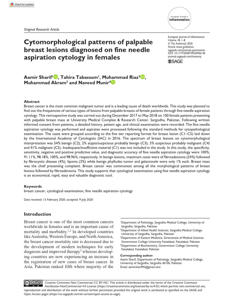 Sharif Et Al 2020 Cytomorphological Patterns of Palpable Breast Lesions ...