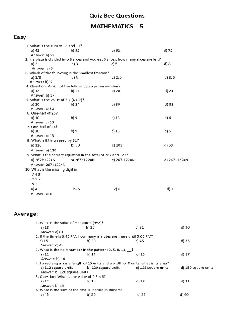 Math 5 Quiz Bee Questions | PDF | Mathematical Concepts | Numbers