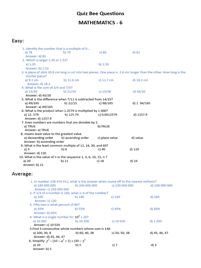 Math 6 Quiz Bee Questions | PDF