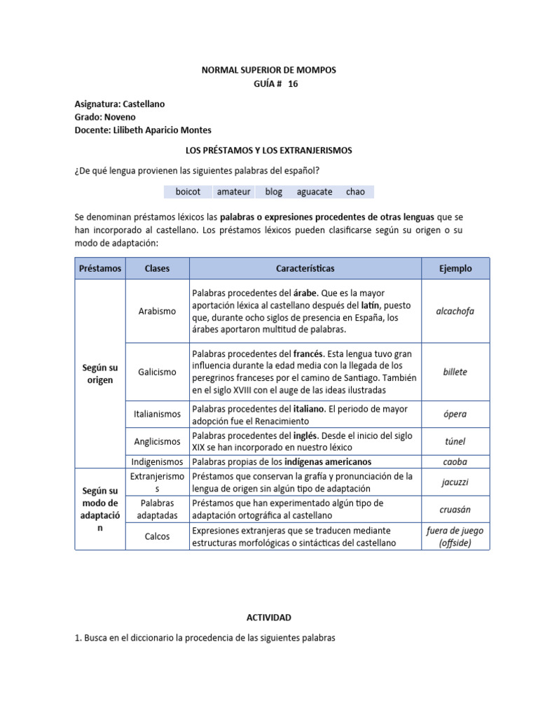 Guía #16 Prestamos y Extranjerismos | PDF
