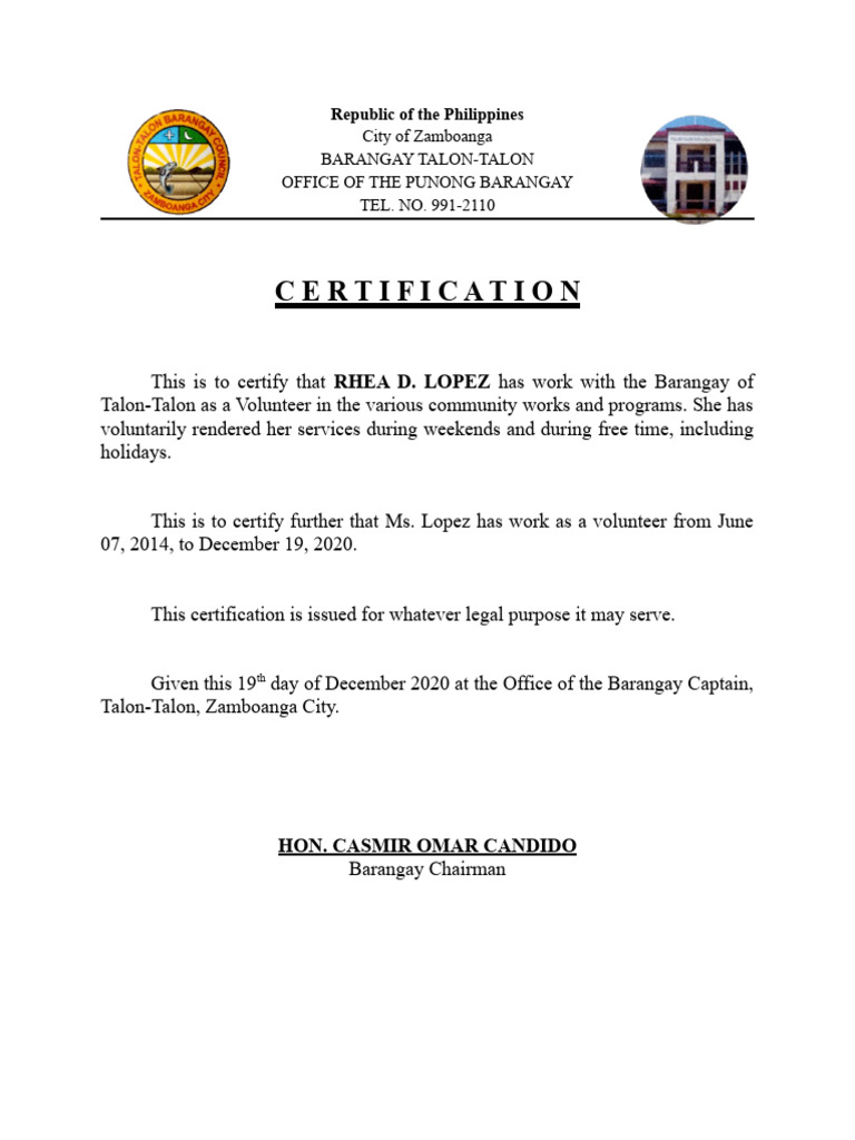 Certification of Volunteer Service | PDF