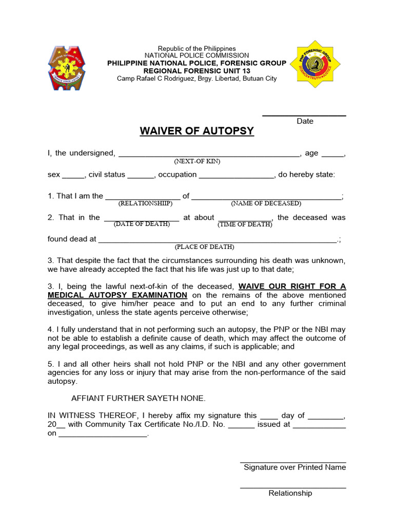 Waiver For Autopsy | PDF | Autopsy | Law Enforcement