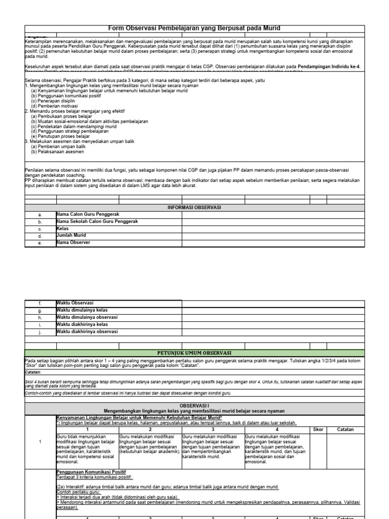 Observasi Pembelajaran Berpusat Murid | PDF | Pengembangan Diri | Sains & Matematika