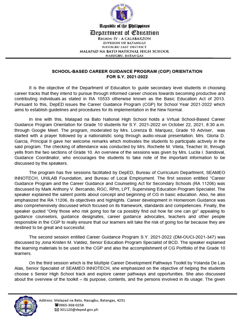 CGP Orientation for Grade 10 Students | PDF | Learning | Behavior ...