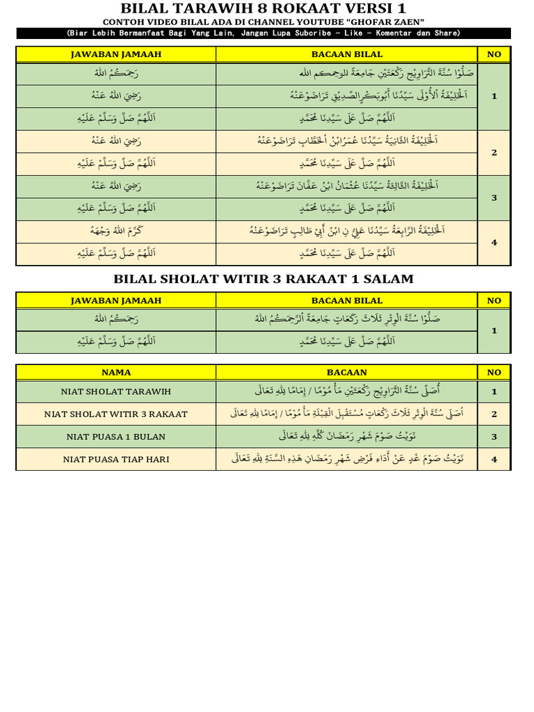 Bilal Tarawih 11 Rakaat Versi 1 | PDF